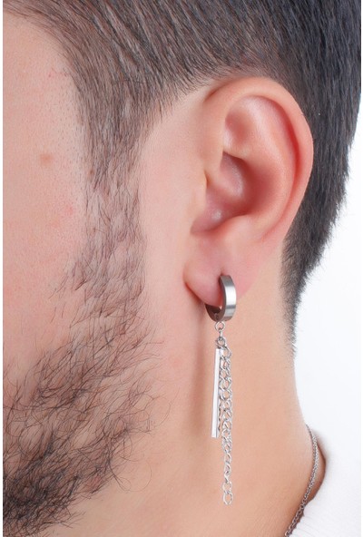 Madame Concept Erkek Çelik Gümüş Renk Plaka ve Zincir Sallantılı Küpe