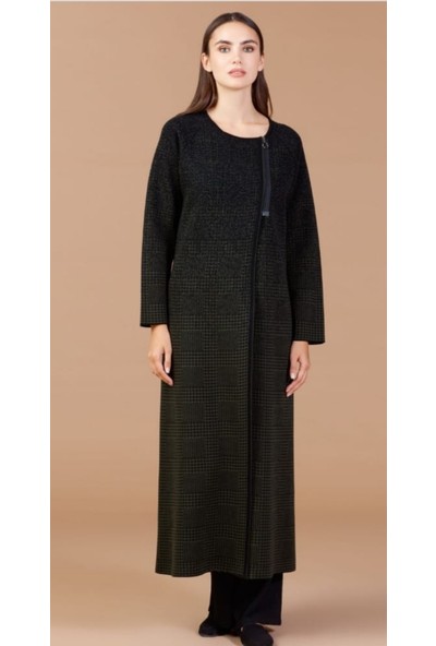 Mutlu Ertan Desenli Uzun Triko Pardösü-Siyah-Haki