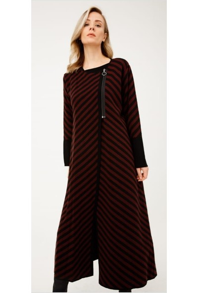 Mutlu Ertan Çizgili Uzun Triko Pardösü-Siyah Bordo