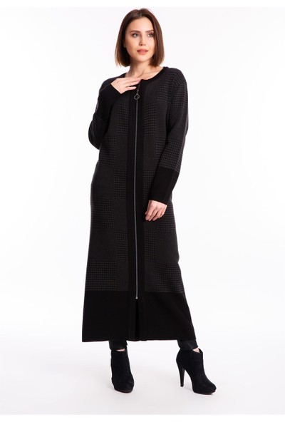 Mutlu Ertan Kaz Ayağı Sıfır Yaka Fermuarlı Triko Pardösü-Siyah Füme