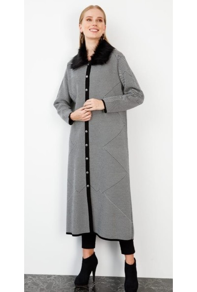 Mutlu Ertan Kürklü Düğmeli Triko Pardösü-Siyah Ekru