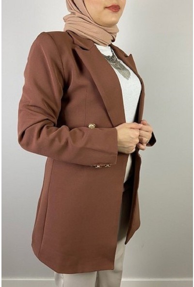 Maysa Butik Atlas Gold Düğmeli Blazer Ceket - Kahverengi Maysa Butik Atlas Gold Düğmeli Blazer Ceket - Kahverengi