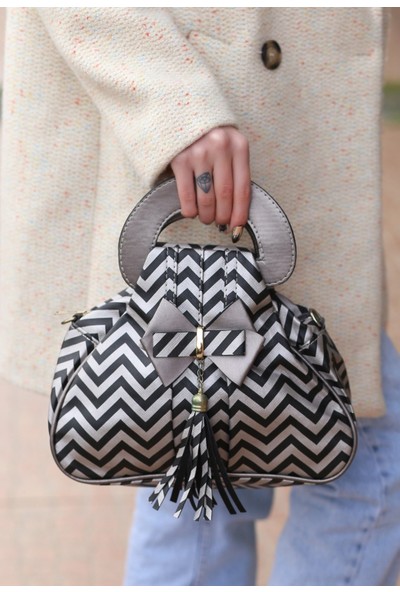 Caus Gri Cilt Siyah Detaylı Çanta