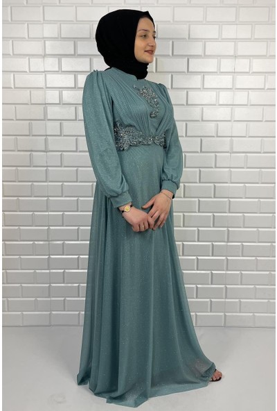 Kadın Tesettür Abiye Fransız Güpürlü Simli