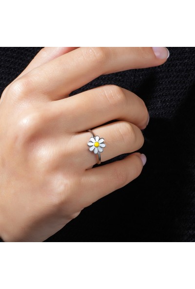 Tek Tarzım Takı Rodyum Renkli Papatya Gümüş Yüzük