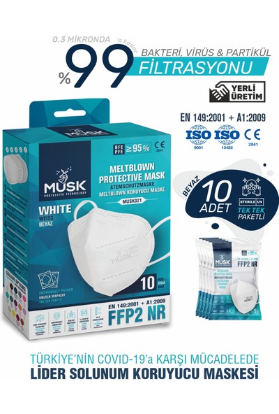 Musk FFP2/N95 Maske Beyaz Renk 50 Adet