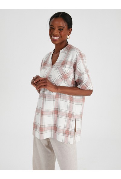 Faik Sönmez Kareli Kaçık Yaka Keten Tunik 62573 Faik Sönmez Kareli Kaçık Yaka Keten Tunik 62573