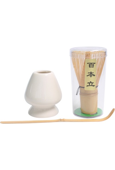 Matcha Çay Teli Set Bambu Çırpma Teli + Bambu Kaşık + Seramik Çırpma Tutucu Beyaz