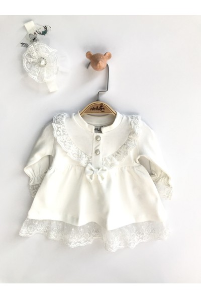Miniborn Yeni Doğan Kız Incili Dantelli Ekru Elbise Set