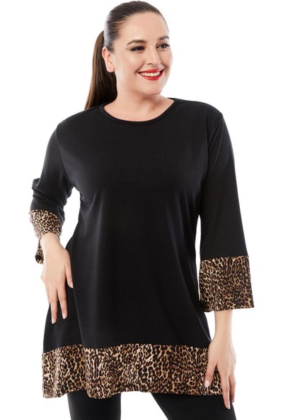 Siyezen Büyük Beden Asimetrik Kesim Leopar Desenli Siyah Tunik