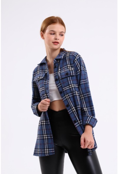 Siyezen Kadın Cepli Oduncu Mavi Gömlek