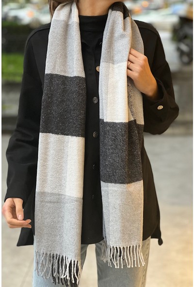 Novon Unisex Siyah Beyaz Ekoseli Uçları Saçaklı Uzun Atkı