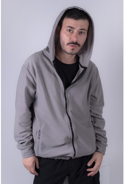 Vatkalimon Kadın Erkek Gri Fermuarlı Kapşonlu Polar Sweatshirt