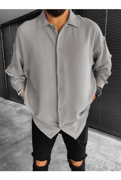Abluka Online Oversize Düğmeli Gri Gömlek