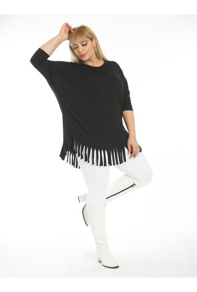 ViolettaXL Kadın Siyah Büyük Beden Eteği Püskül Detay Esnek Viskon Tunik