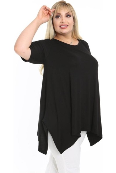 ViolettaXL Kadın Siyah Büyük Beden Yanları Yırtmaçlı Likralı Viskon Bluz