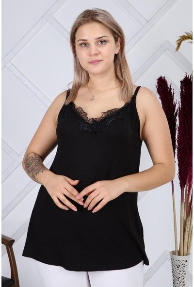 ViolettaXL Kadın Siyah Büyük Beden Yakası Güpür Detay Likralı Viskon Askılı Bluz