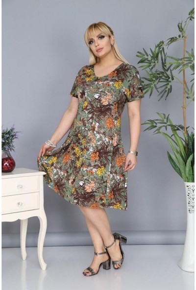 ViolettaXL Kadın Yeşil Büyük Beden Çiçek Desen Belden Oturtmalı Likralı Viskon Elbise