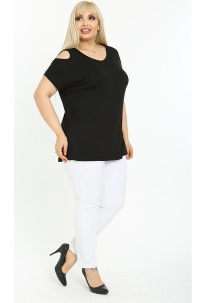 ViolettaXL Kadın Siyah Büyük Beden Omuzları Pencereli Esnek Viskon Bluz
