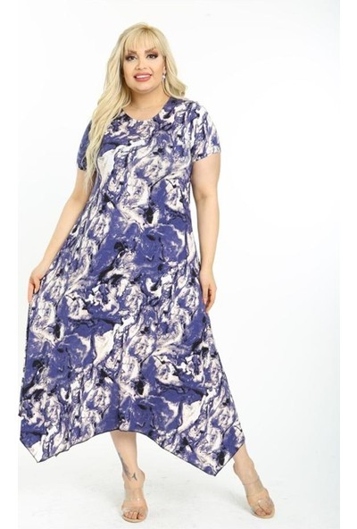 ViolettaXL Kadın Mor Büyük Beden Ebruli Desen Asimetrik Kesim Esnek Viskon Elbise