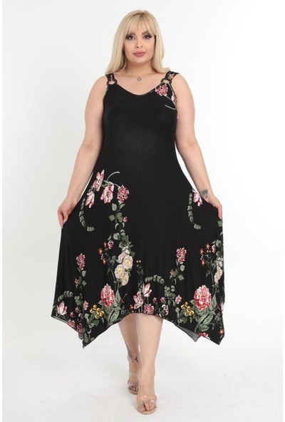 ViolettaXL Kadın Siyah Büyük Beden Çiçek Desen Omuzları Tokalı Esnek Viskon Elbise