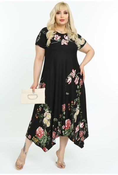 ViolettaXL Kadın Siyah Büyük Beden Çiçek Desen Asimetrik Kesim Esnek Viskon Elbise