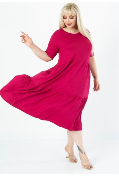 ViolettaXL Kadın Fuşya Büyük Beden Büzgülü 3 Katlı Likralı Viskon Elbise ViolettaXL Kadın Fuşya Büyük Beden Büzgülü 3 Katlı Likralı Viskon Elbise