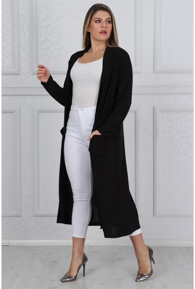 ViolettaXL Kadın Siyah Büyük Beden Cepli Likralı Viskon Hırka