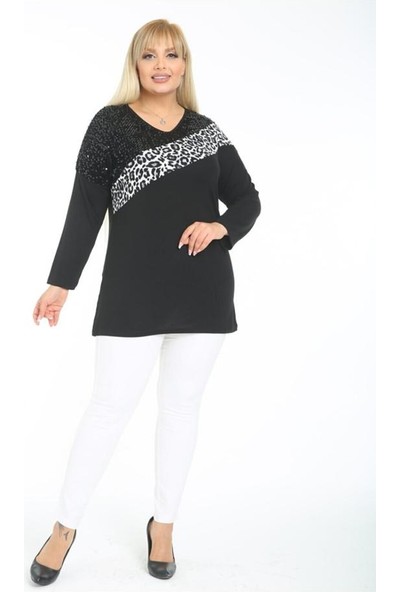 ViolettaXL Kadın Siyah Büyük Beden Leopar ve Payet Detay Likralı Viskon Bluz ViolettaXL Kadın Siyah Büyük Beden Leopar ve Payet Detay Likralı Viskon Bluz