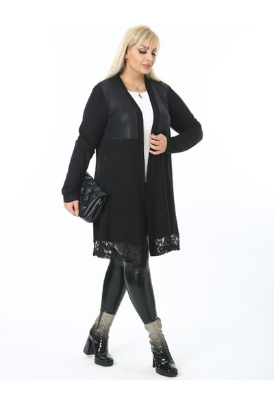 ViolettaXL Kadın Siyah Büyük Beden Deri ve Dantel Detay Esnek Viskon Hırka