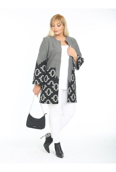 ViolettaXL Kadın Gri Büyük Beden Kazayağı Desen Cepli Esnek Jakarlı Hırka