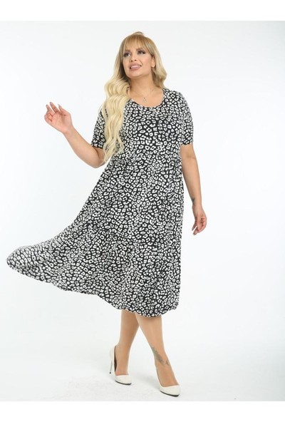 ViolettaXL Kadın Siyah Büyük Beden Beyaz Leopar Desen Büzgülü 3 Katlı Likralı Viskon Elbise