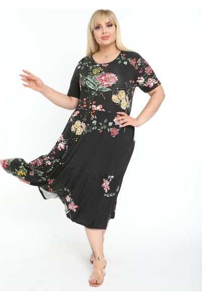 ViolettaXL Kadın Siyah Büyük Beden Gül Desen Büzgülü 3 Katlı Likralı Viskon Elbise