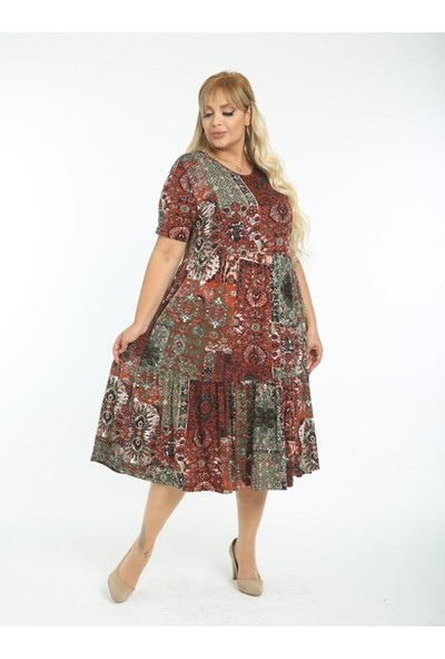 ViolettaXL Kadın Bordo Büyük Beden Etnik Desen Büzgülü 3 Katlı Likralı Viskon Elbise