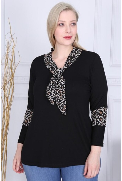 ViolettaXL Kadın Siyah Büyük Beden Yakası Kolları Leopar Fular Likralı Viskon Bluz ViolettaXL Kadın Siyah Büyük Beden Yakası Kolları Leopar Fular Likralı Viskon Bluz
