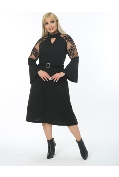 ViolettaXL Kadın Siyah Büyük Ispanyol Kol Tül Detay Kemerli Likralı Viskon Elbise