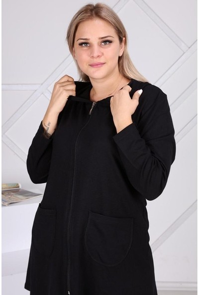 ViolettaXL Kadın Siyah Büyük Beden Kapşonlu Cepli Önü Fermuarlı Likralı Çelik Hırka ViolettaXL Kadın Siyah Büyük Beden Kapşonlu Cepli Önü Fermuarlı Likralı Çelik Hırka