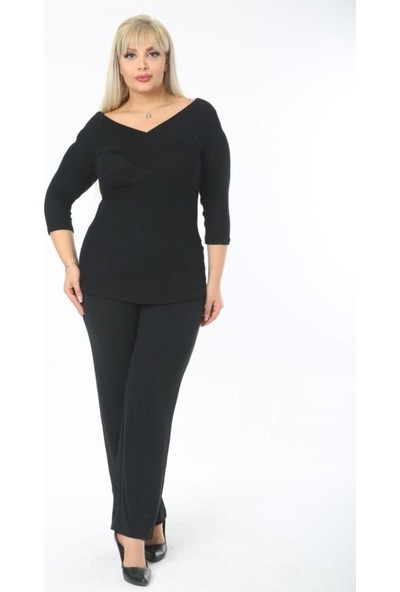 ViolettaXL Kadın Siyah Büyük Beden Degaje Yaka Esnek Kaşkorse Bluz