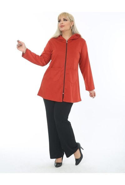 ViolettaXL Kadın Turuncu Büyük Beden Kapşonlu Cepli Fermuarlı Likralı Çelik Hırka