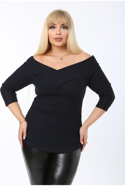 ViolettaXL Kadın Lacivert Büyük Beden Degaje Yaka Esnek Fitilli Triko Bluz ViolettaXL Kadın Lacivert Büyük Beden Degaje Yaka Esnek Fitilli Triko Bluz