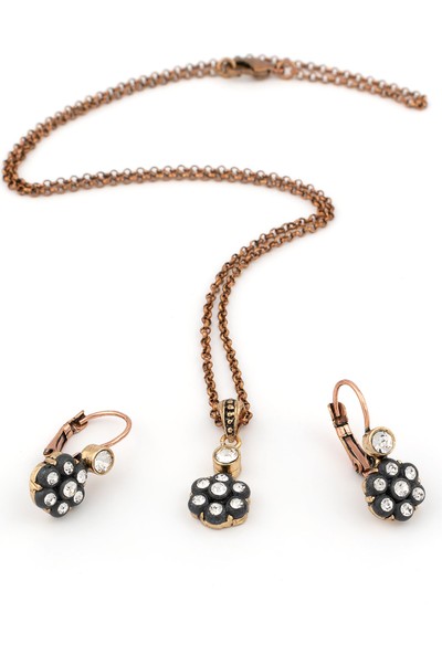 Uslada Bijoux House Kristal Papatya Küpe Kolye Set