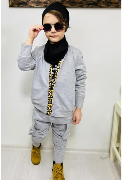 Riccotarz Erkek Çocuk Kargo Cepli Boyunluk ve Bereli Gri Eşofman Takım