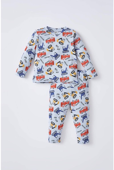 DeFacto Erkek Bebek İş Makinası Desenli  Uzun Kollu Pamuklu Pijama Takım W8932A222SP