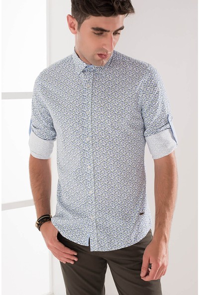 Vıctor 3 Erkek Baskılı U.kol Gömlek - Mavi Desenli