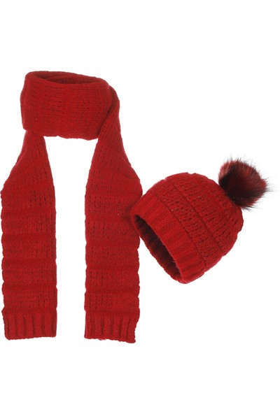 Fonem Kadın Renta Atkı Içi Polar Astarlı Bere Ikili Set Fo 3587 Kırmızı