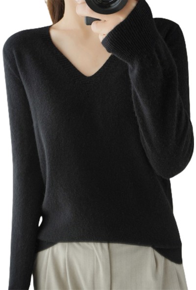 Farfi V Yaka Kadın Kazak - Siyah (Yurt Dışından)