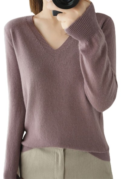 Farfi V Yaka Kadın Kazak - Mor (Yurt Dışından)