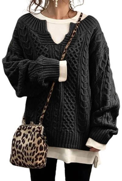 Farfi Örme Büküm Desen Kadın Kazak - Siyah (Yurt Dışından)