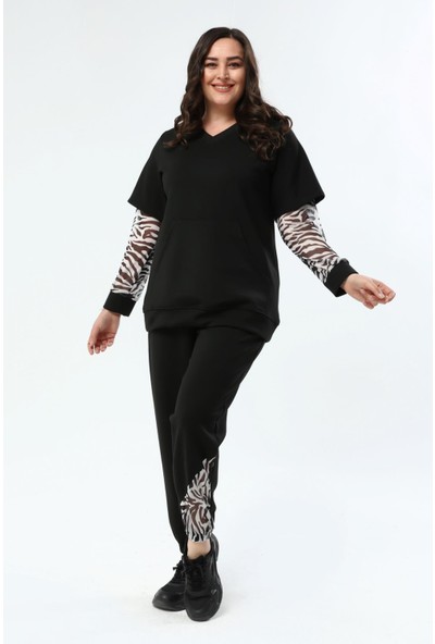 Siyezen Büyük Beden Kolları Zebra Desenli Kanguru Cepli Eşofman Takımı Siyezen Büyük Beden Kolları Zebra Desenli Kanguru Cepli Eşofman Takımı