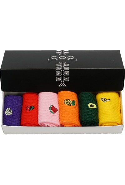 Ags Hemdem 6'lı Unisex Özel Kutulu Meyve Nakışlı Çok Renkli Pamuk Soket Çorap